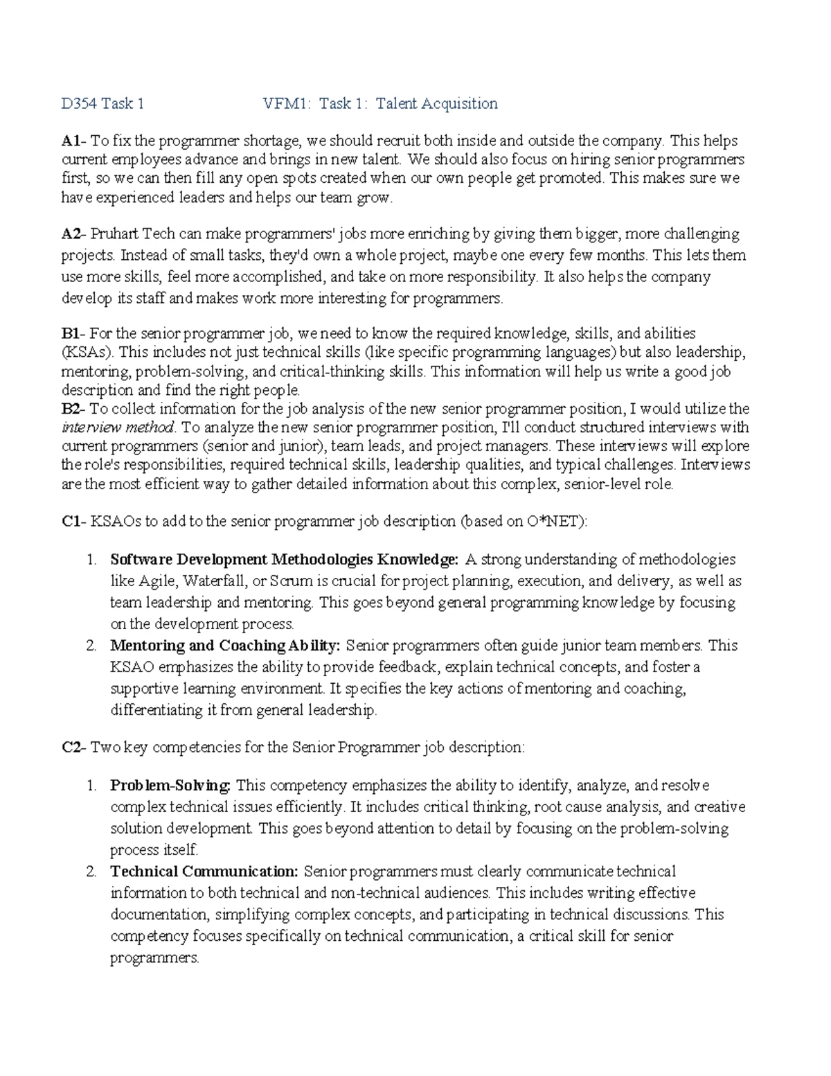 D354 - Task 3 - Interview and Selection Strategy Insights - Studocu