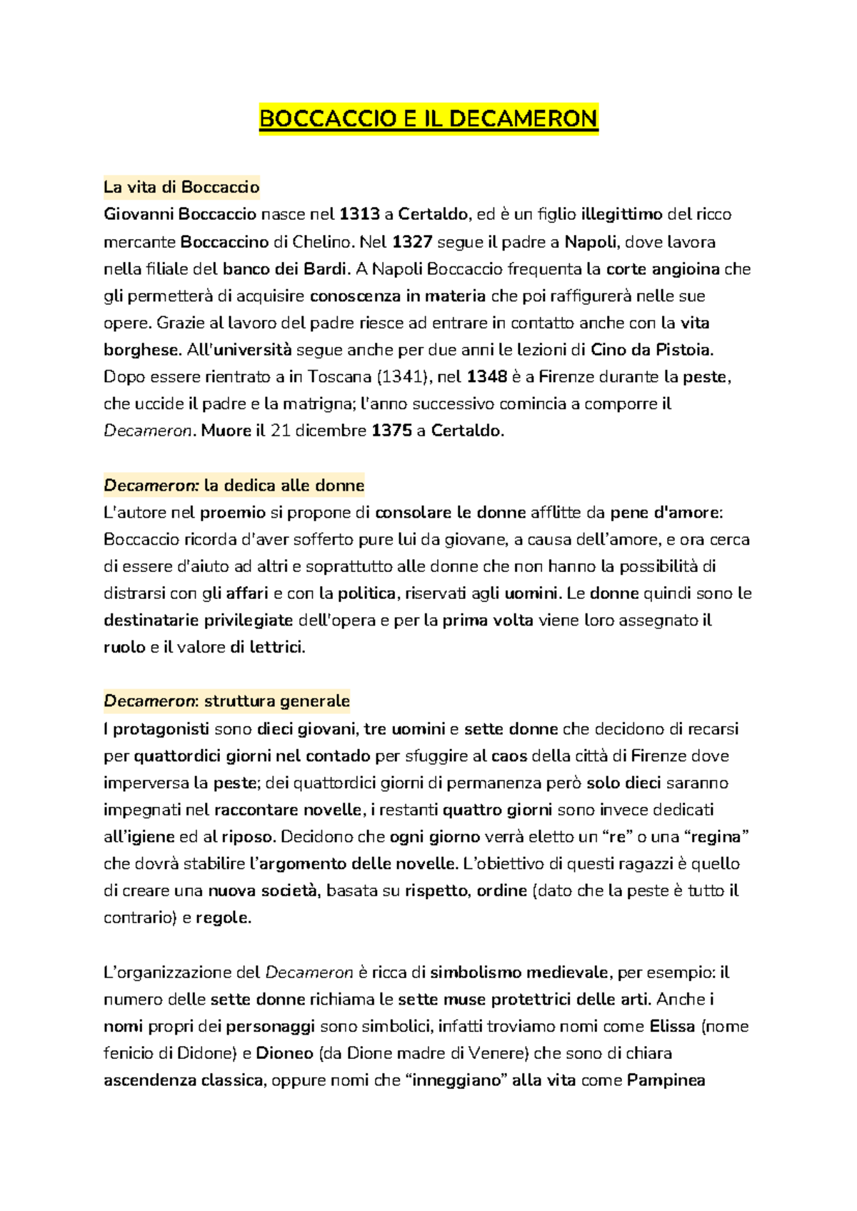 BOCCACCIO E IL DECAMERON: Vita e Novelle nel 14° Secolo - Studocu