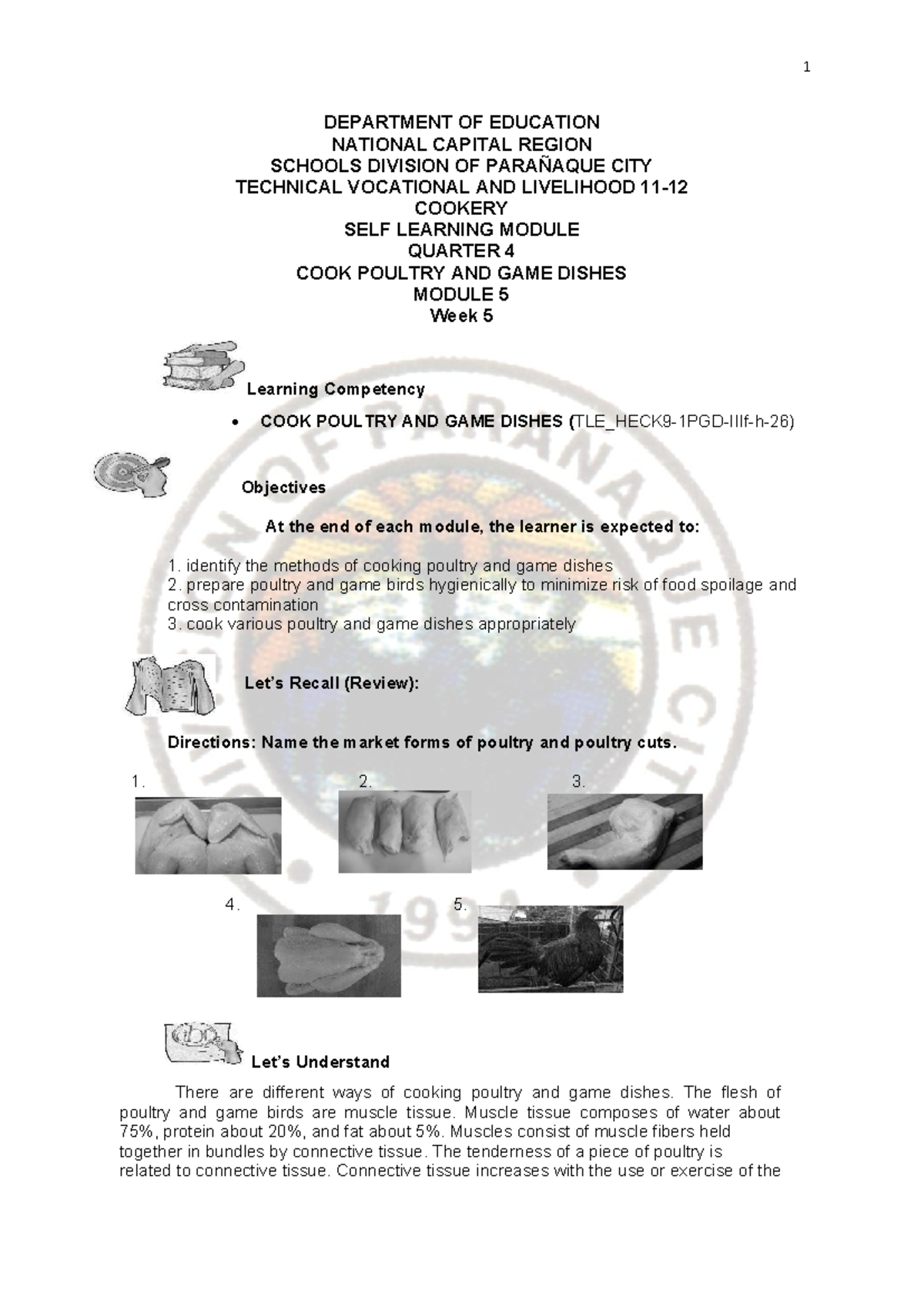 TVL-11 Cookery Q4 Module 5: Cooking Poultry and Game Dishes - Studocu