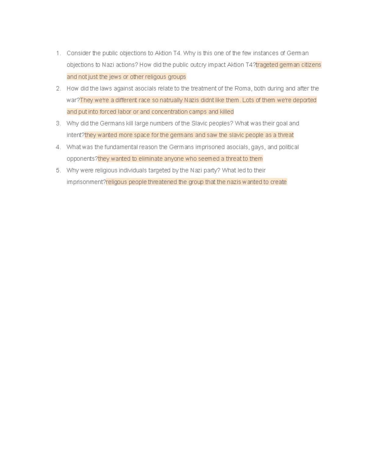 HIST 201: Study Guide on Nazi Germany's Aktion T4 and Targeted Groups ...