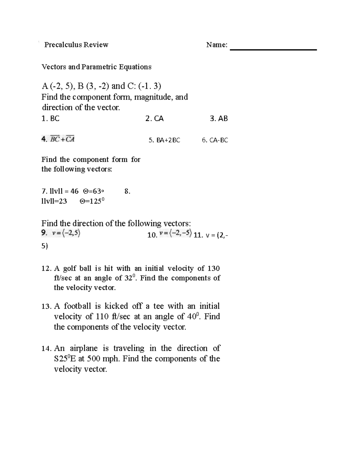 Precalculus Vector and Parametric Equations Review - WS Answers - Studocu