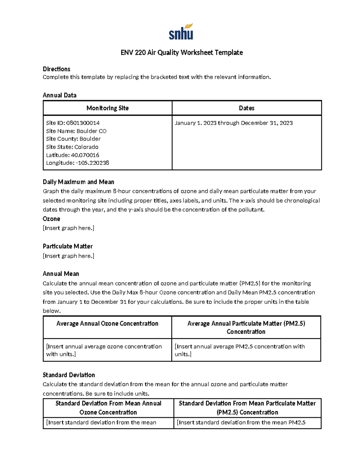 ENV 220 Air quality worksheet template for annual data monitoring - Studocu