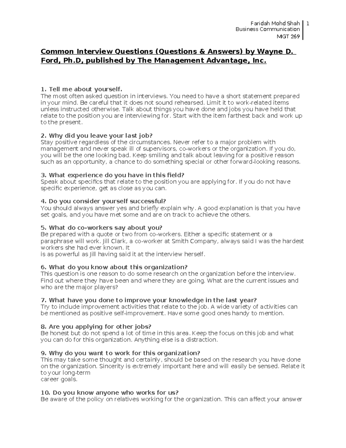 Common Interview Questions - Ford, Ph, published by The Management ...