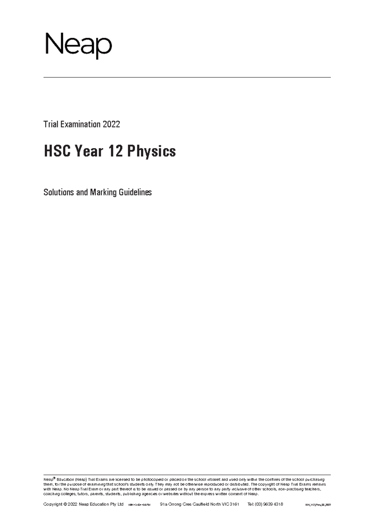 HSC Physics Year 12 Trial Exam Solutions Booklet 2022 - Studocu