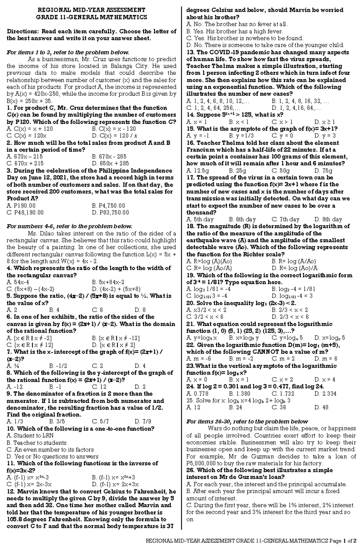 Regional Mid-Year Assessment G11 - General Math: Key Concepts ...