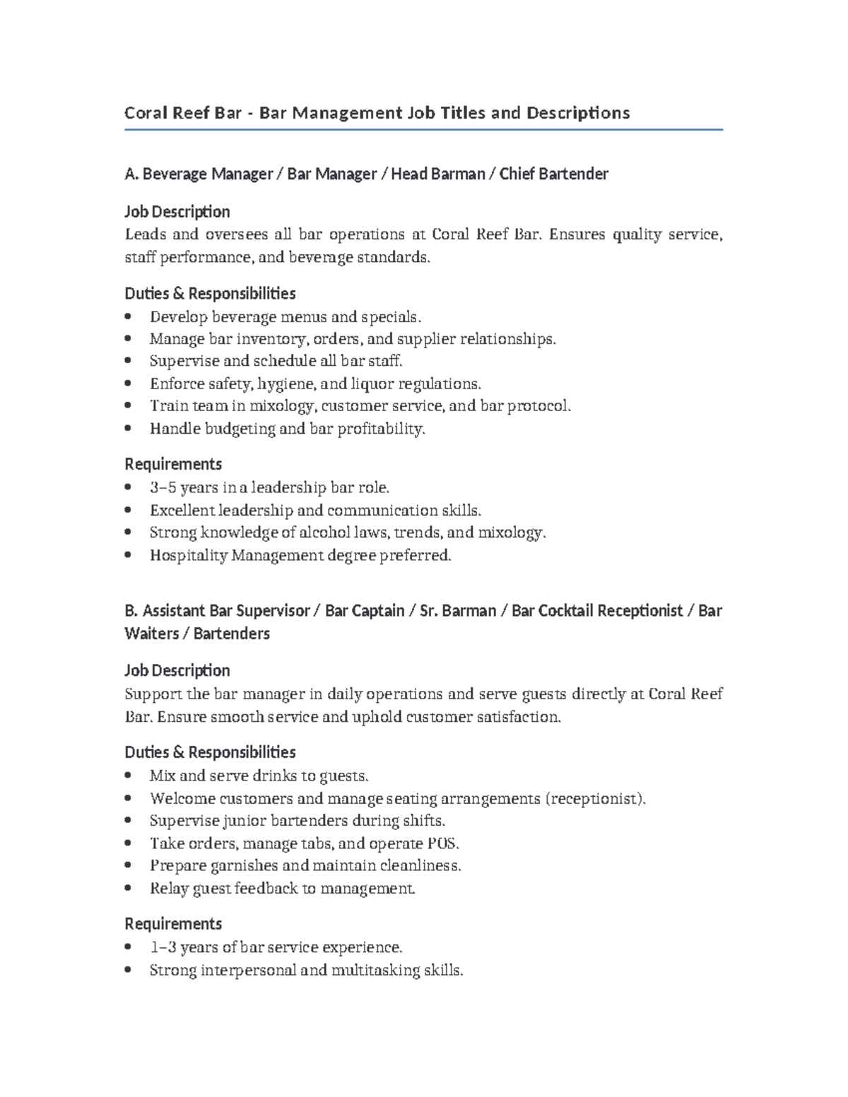 Coral Reef Bar Management Job Titles & Descriptions Guide - Studocu