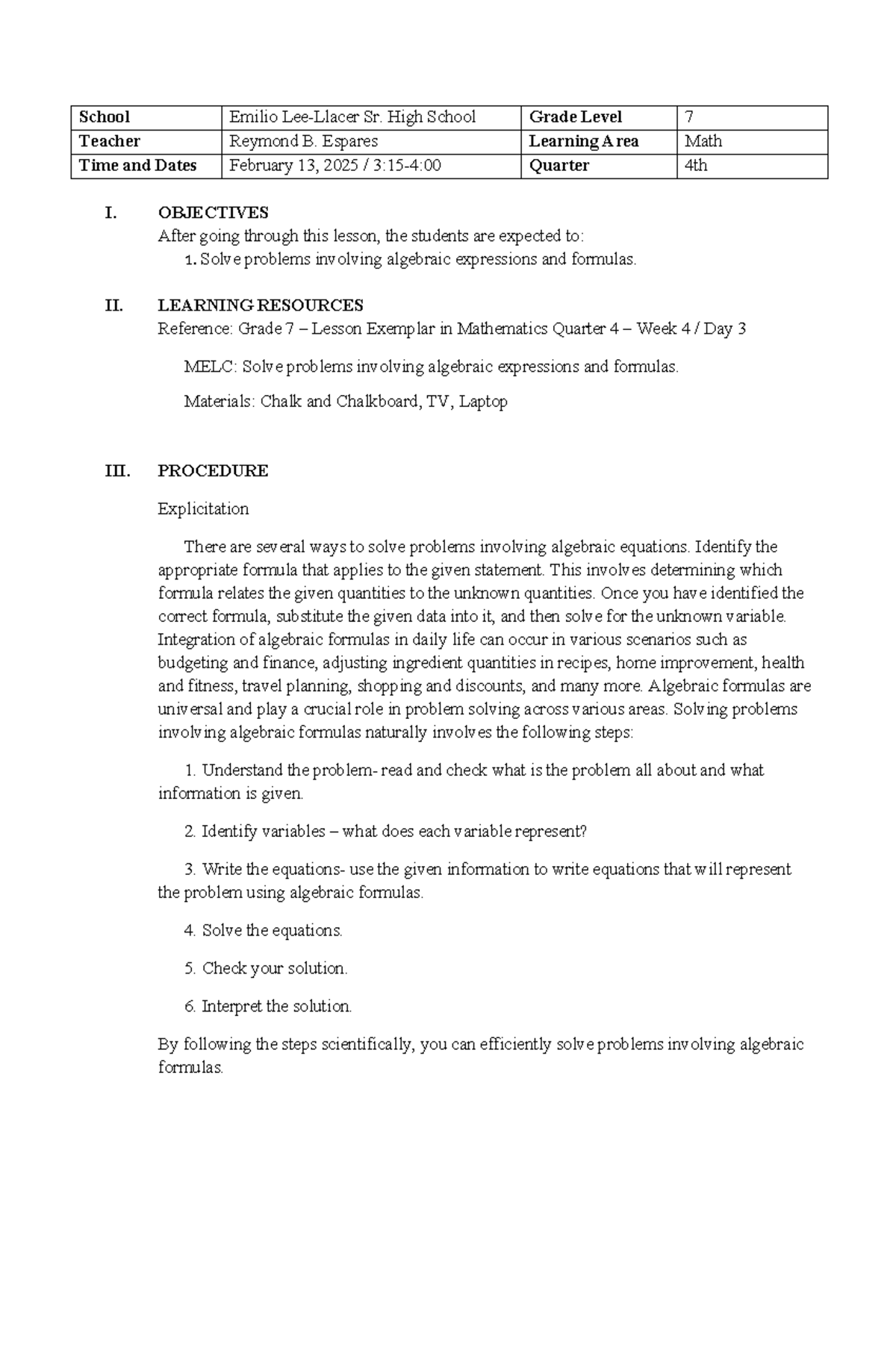 COT 4 SY24-25: Algebraic Expressions & Formulas Lesson Plan - Studocu