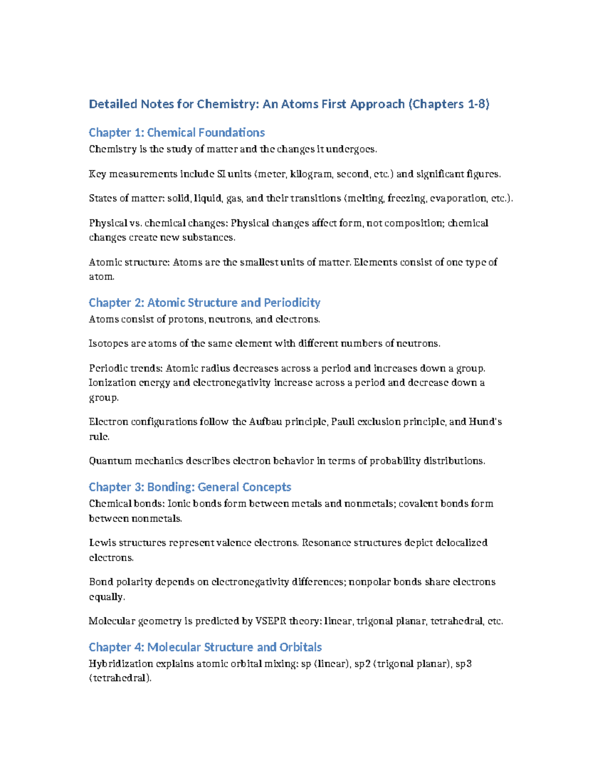 Chemistry Notes for Chapters 1-8: Key Concepts & Principles - Studocu