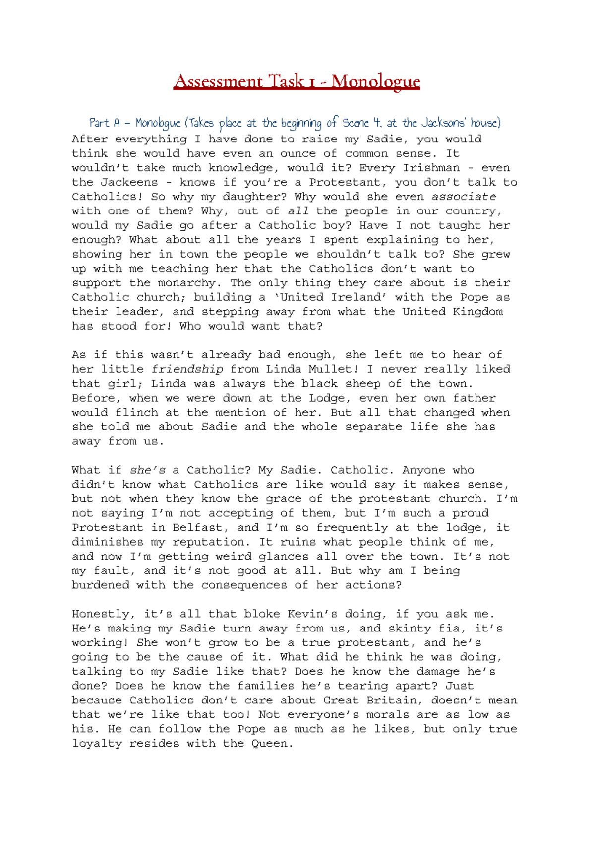 Year 9 Assessment Task 1 - Monologue Analysis: Across The Barricades ...