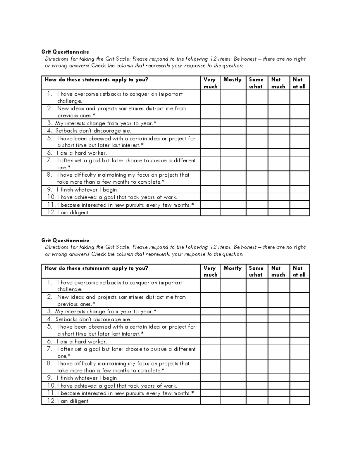 Grit Questionnaire - Test bank - Grit Questionnaire Directions for ...