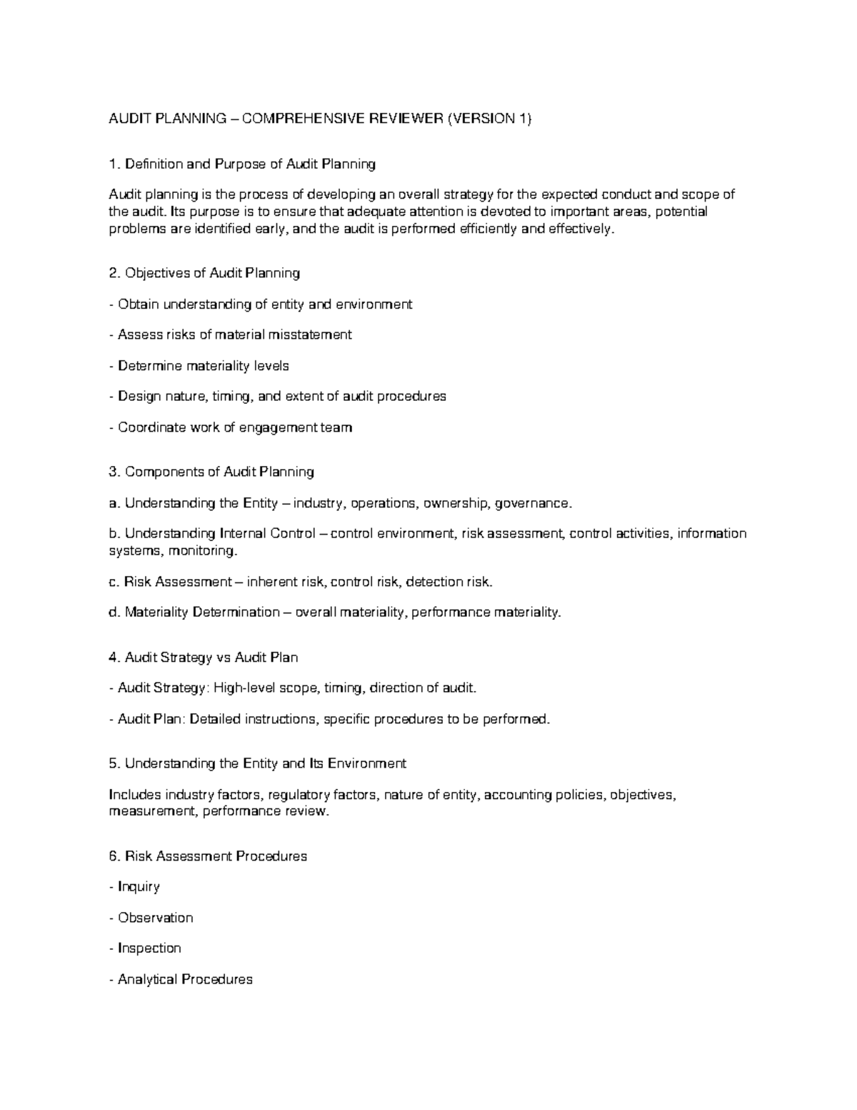 AUDIT 101: Comprehensive Audit Planning Reviewer (Version 1) - Studocu