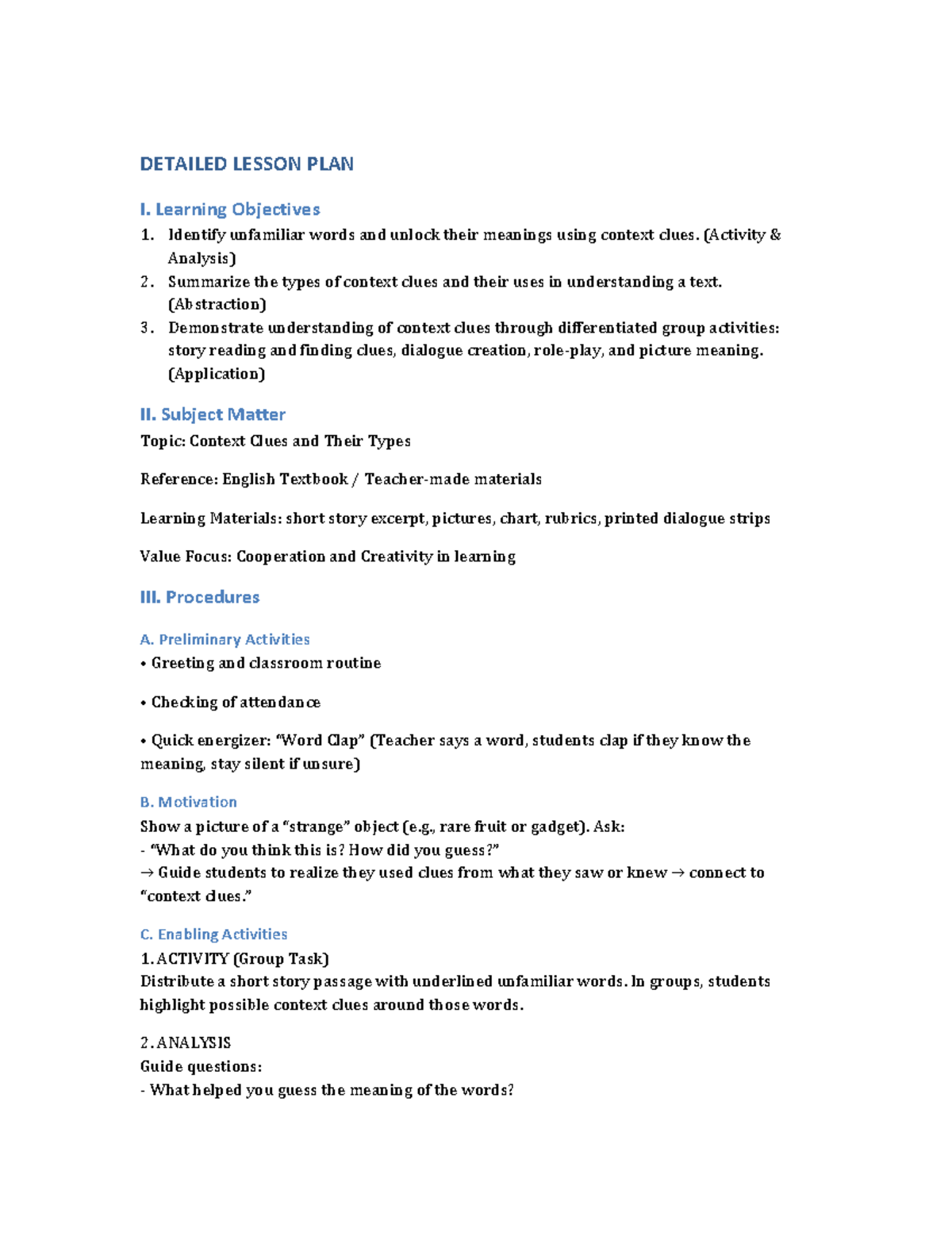 Detailed Lesson Plan: Context Clues and Their Types - Studocu