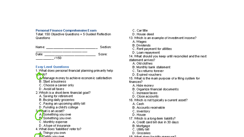 Personal Finance Exam with Answers - Personal Finance Comprehensive ...