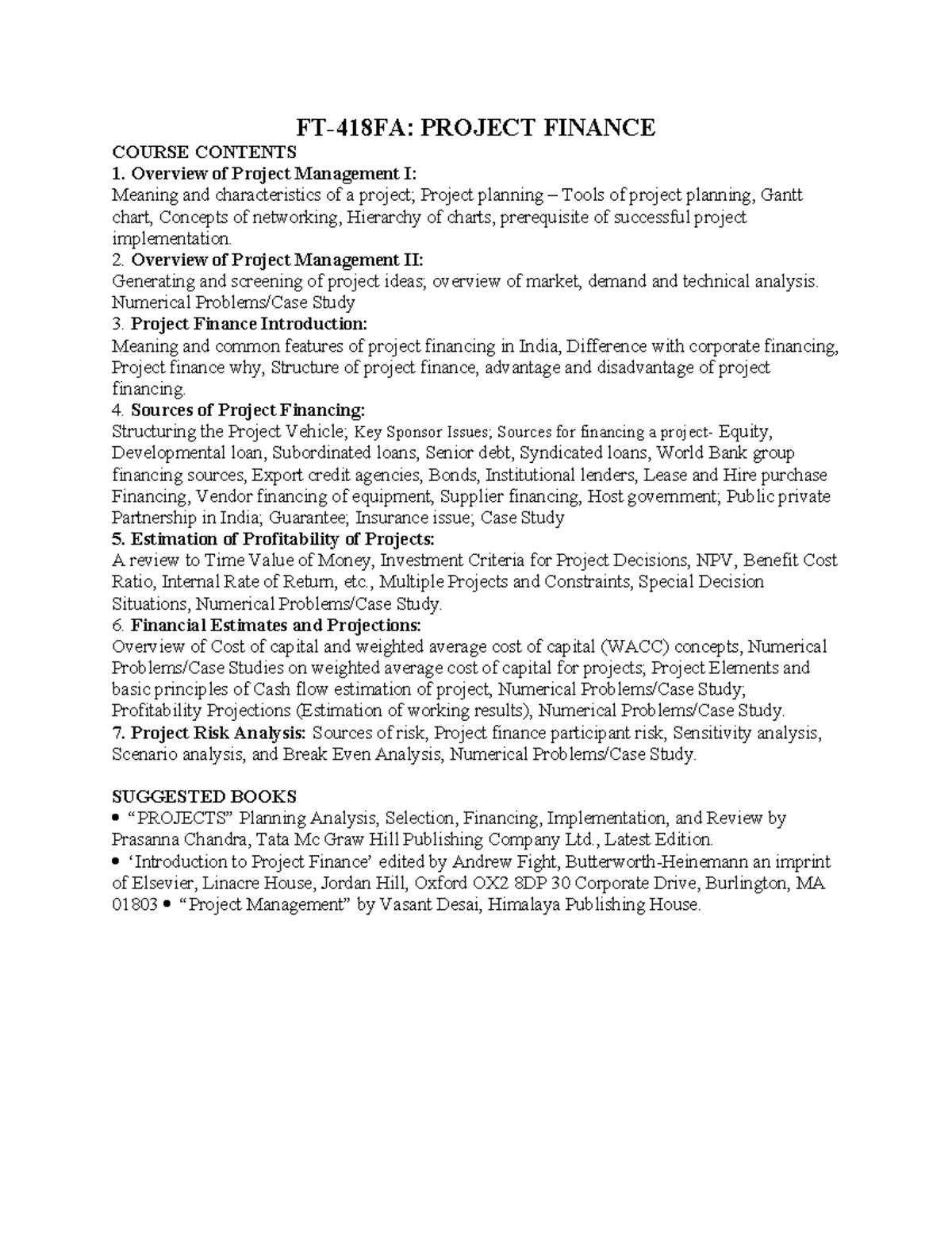 458445942 Syllabus Project Finance - FT-418FA: PROJECT FINANCE COURSE ...