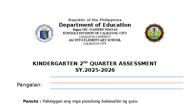 Kindergarten 2nd Quarter Assessment SY 2023-2024 - Studocu