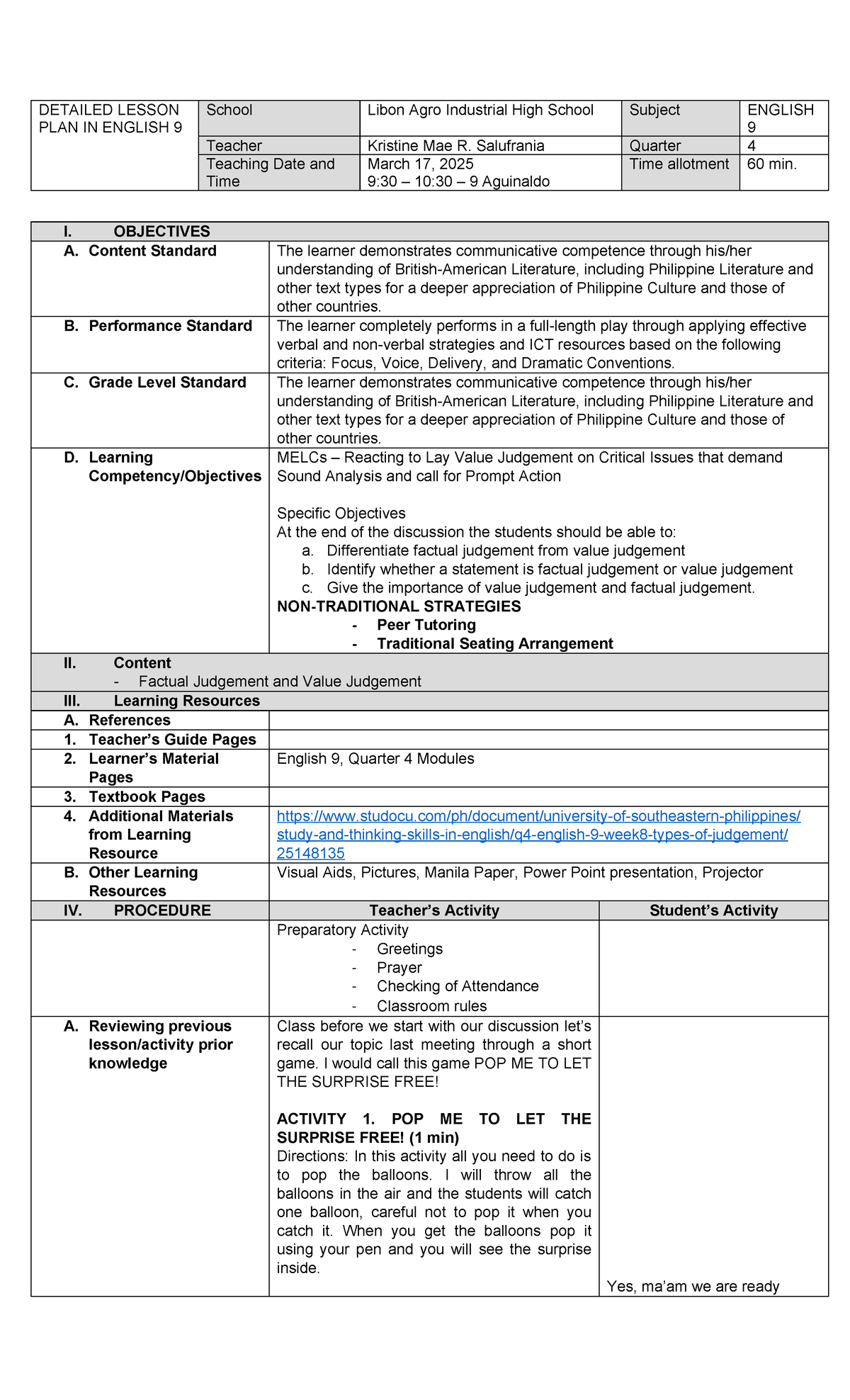 English 9 Q4 Detailed Lesson Plan: Value & Factual Judgement - Studocu