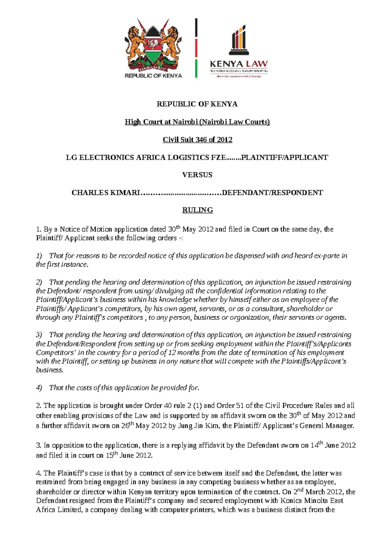 LG Electronics Africa Logistics FZE V Charles Kimari Civil Suit 346/ ...