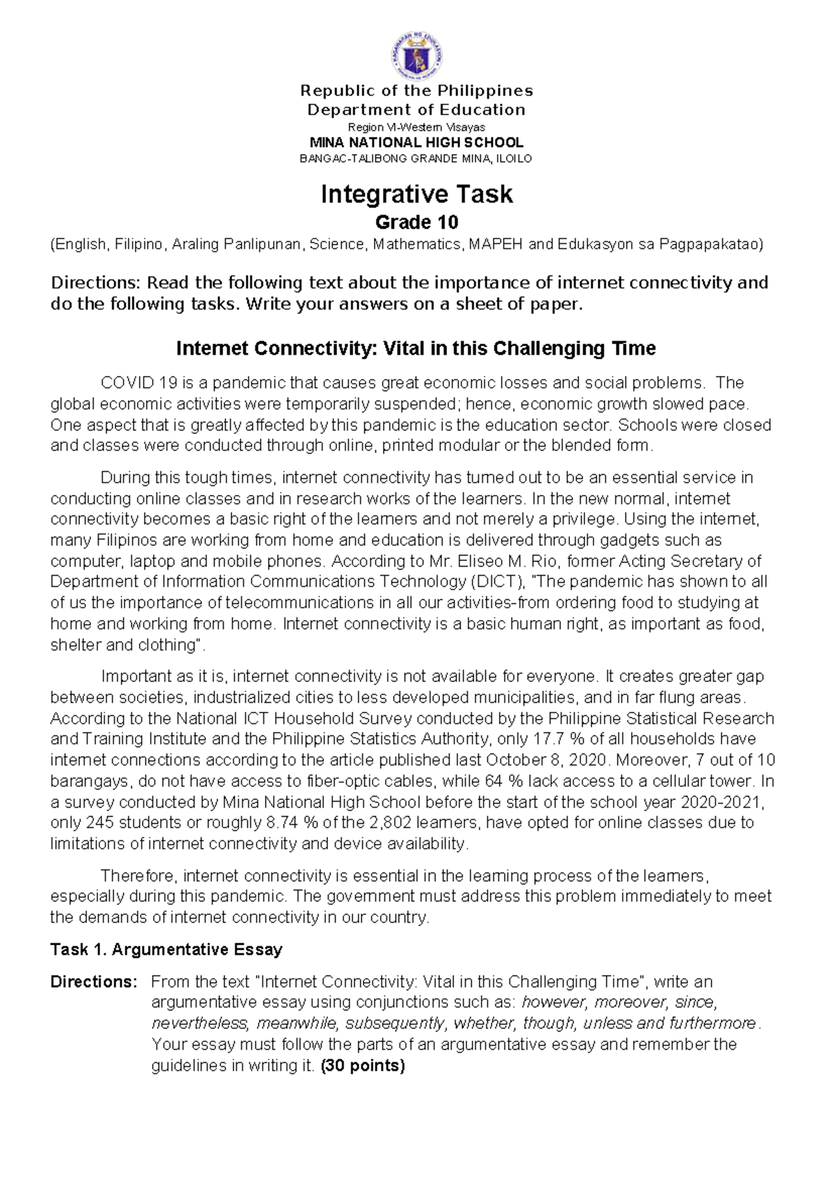 Integrative Task - Grade 10 Social Science and Technology Insights ...