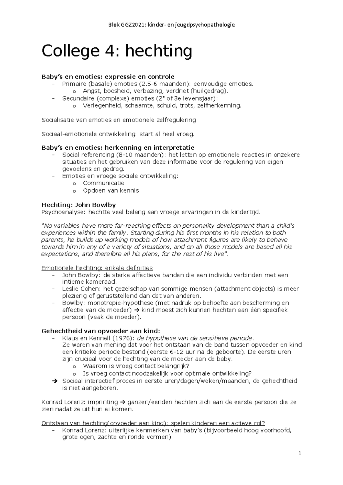 Hechting en Emotionele Ontwikkeling bij Baby's - College 4 - Studeersnel