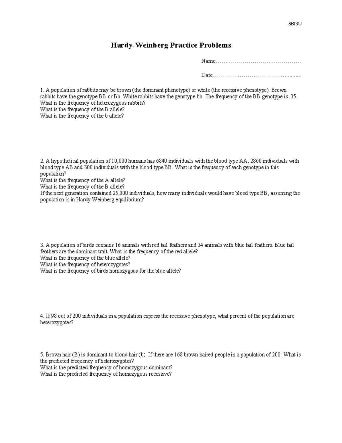 SBI3U Hardy-Weinberg Practice Problems and Solutions - Studocu