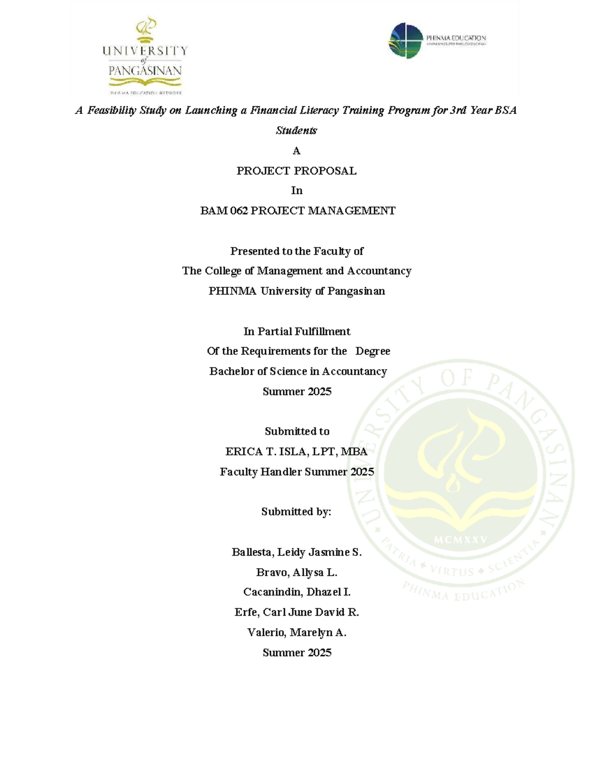Feasibility Study: Financial Literacy Training Program for 3rd Year BSA ...