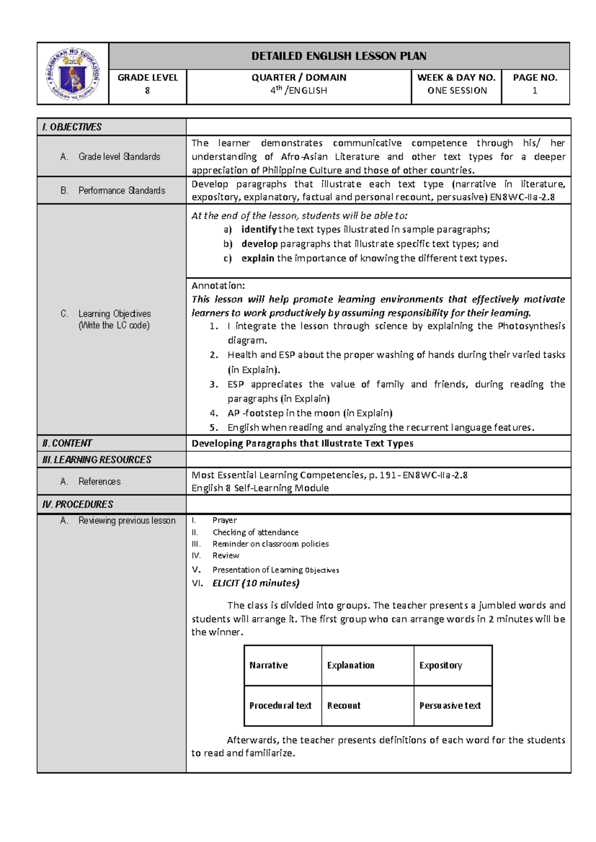 Citing Textual Evidence CO - DETAILED ENGLISH LESSON PLAN GRADE LEVEL 8 ...
