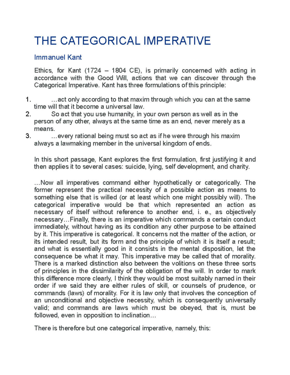 THE- Categorical- Imperative - THE CATEGORICAL IMPERATIVE Immanuel Kant ...