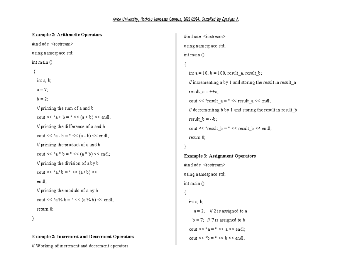 C++ Programming Lab Practice: Operators and Control Structures - Studocu