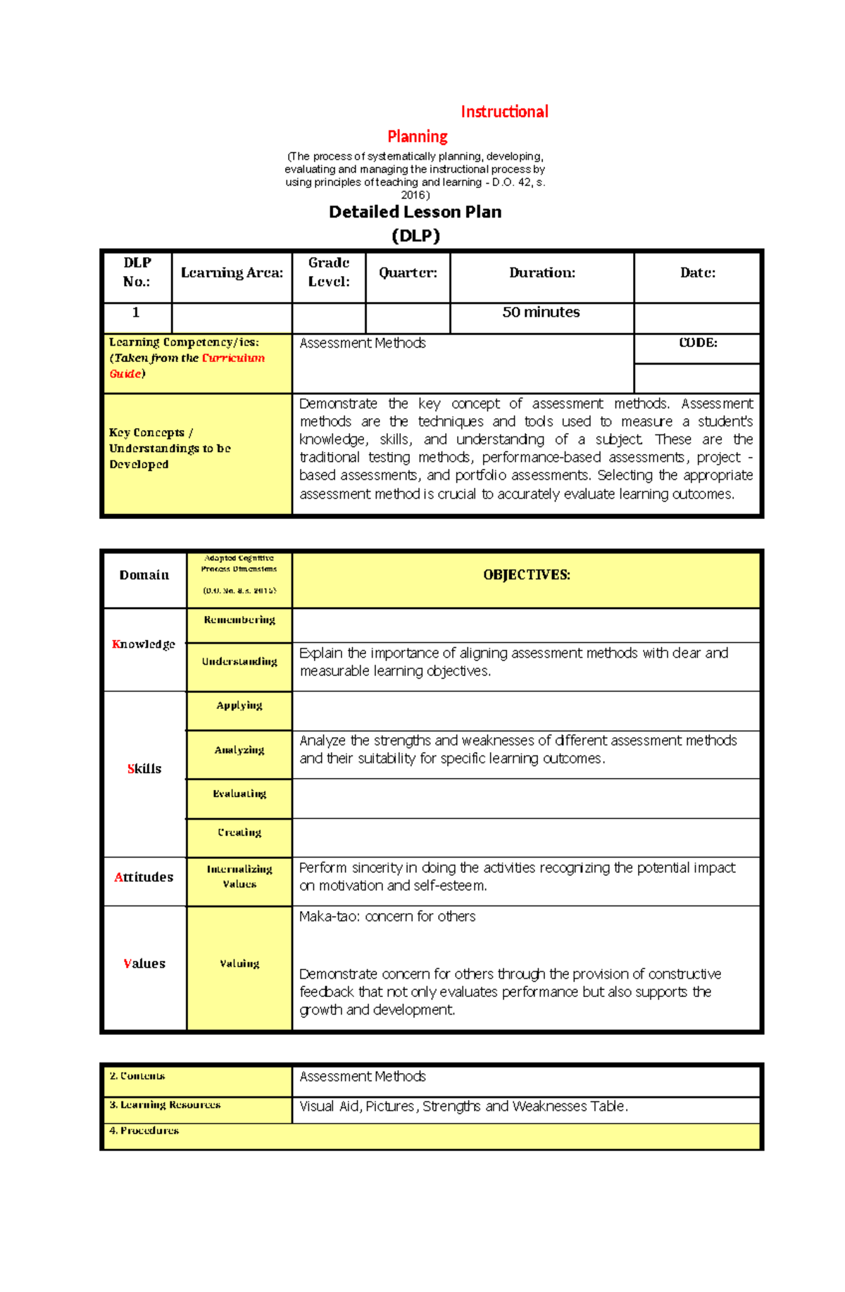 Assessment Methods in Instructional Planning DLP: Key Concepts ...