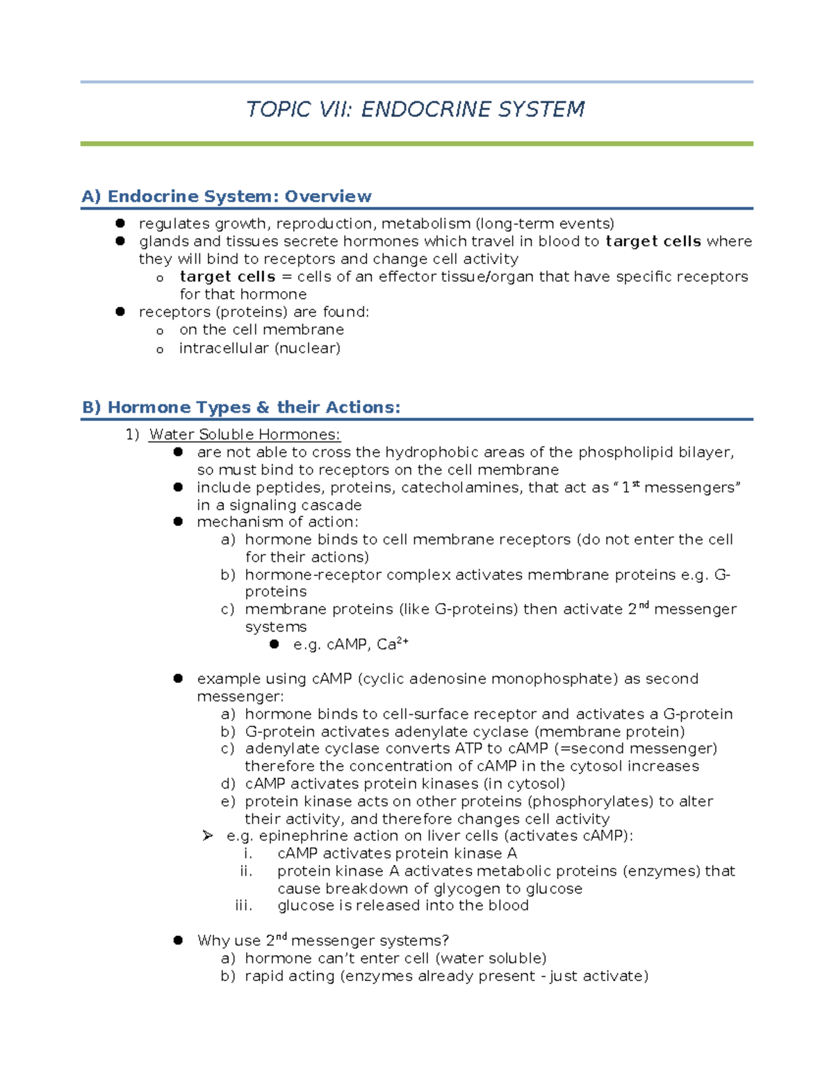 7 - Topic VII: Endocrine System Overview and Hormonal Functions - Studocu