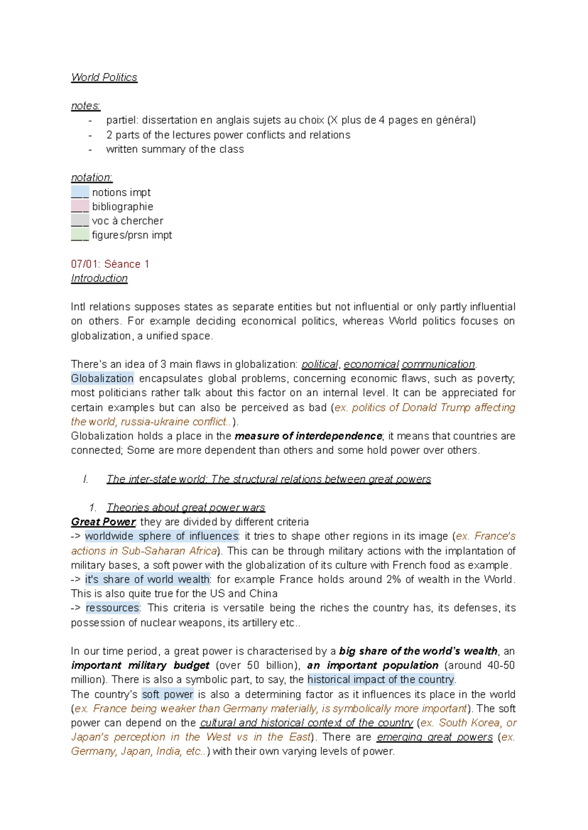 World Politics Lecture Notes: Power Conflicts & Global Relations (POL ...