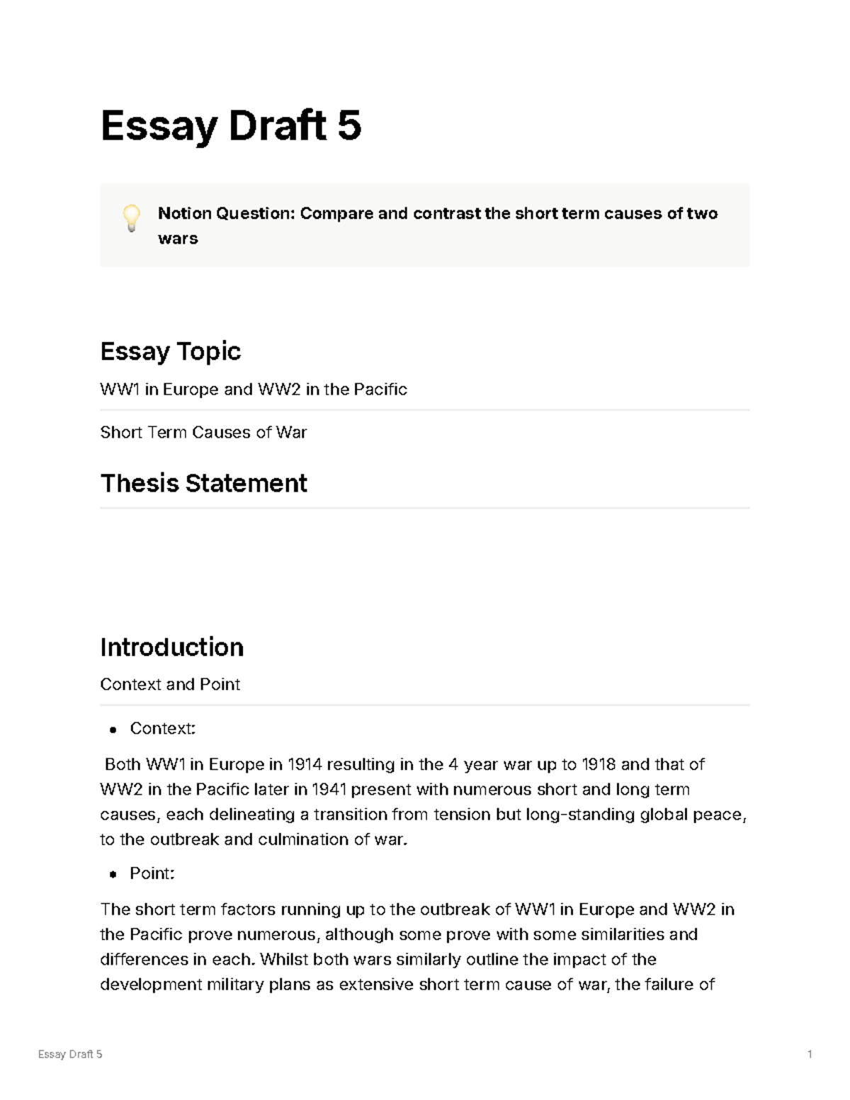 Comparative Analysis of Short Term Causes: WW1 & WW2 Essay Draft 5 ...