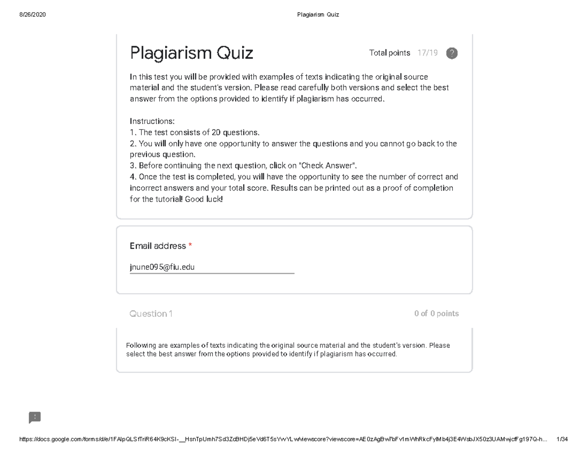 Plagiarism Quiz - FIU Quiz and Answer Guide - Studocu