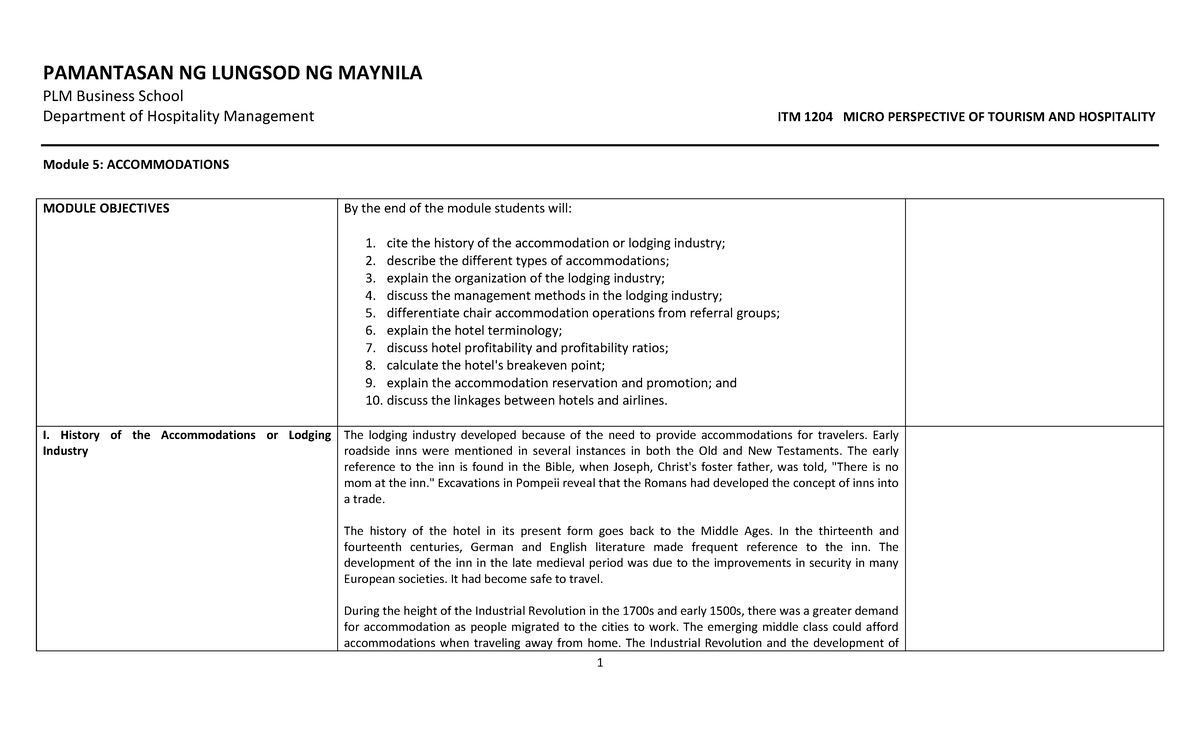 Module 5: Accommodations in the Hospitality Industry (ITM 1204) - Studocu