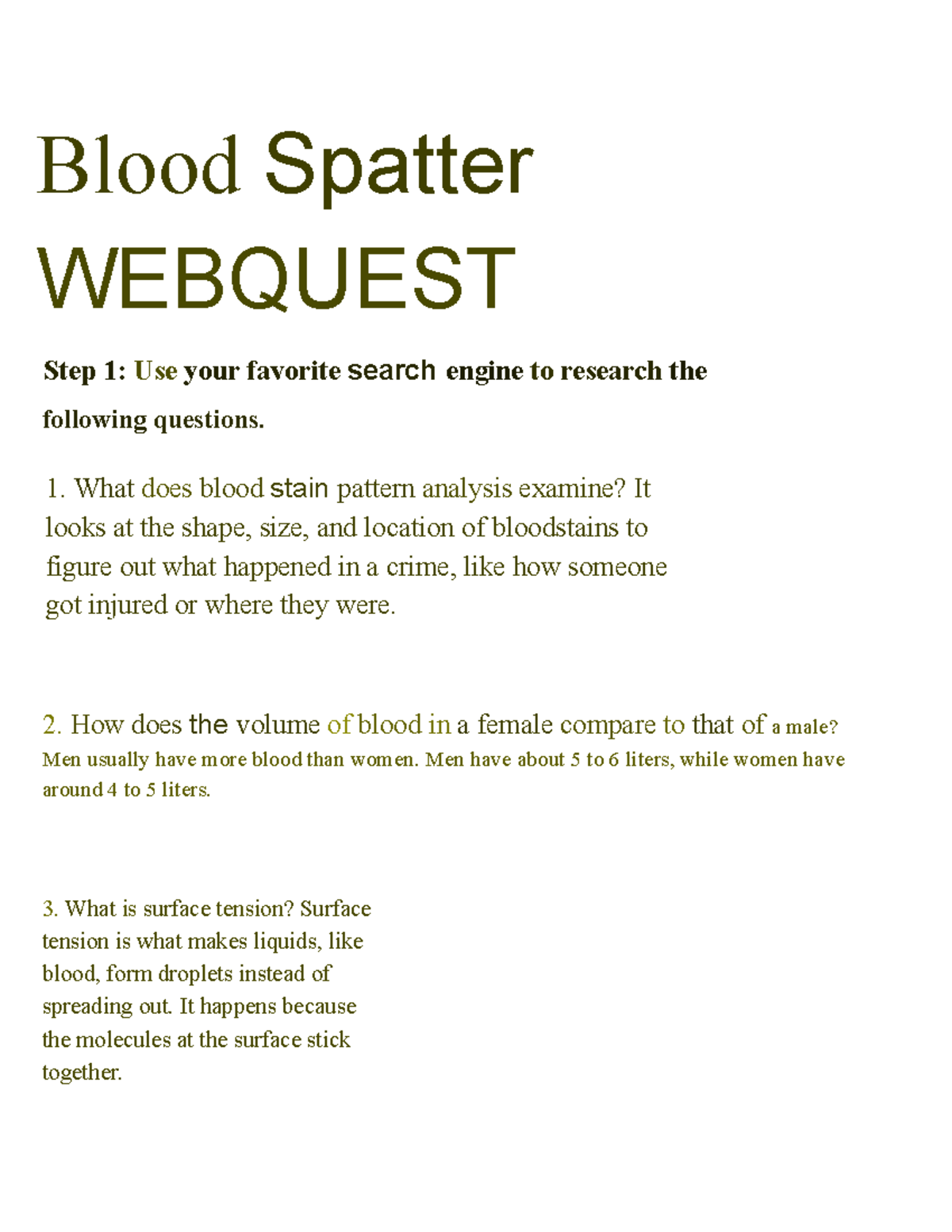 Blood Spatter Webquest - Blood Spatter WEBQUEST Step 1: Use your ...