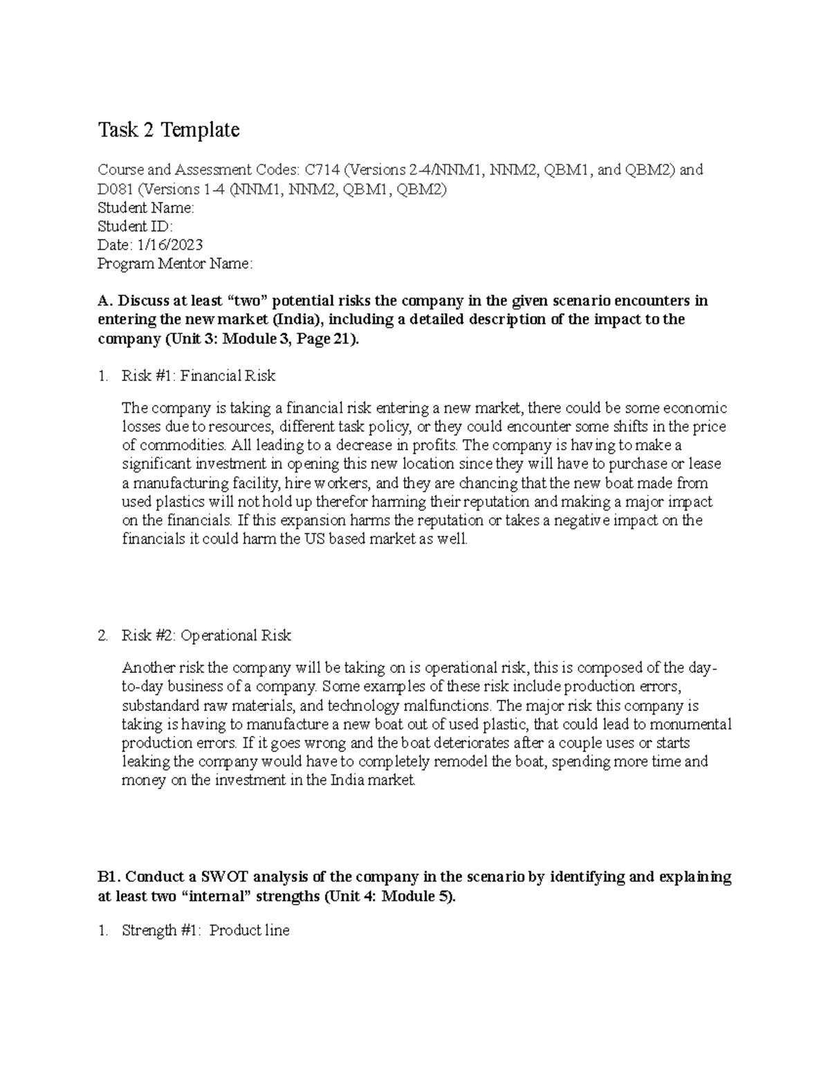 C714-D081 Task Two - Task two - Task 2 Template Course and Assessment ...