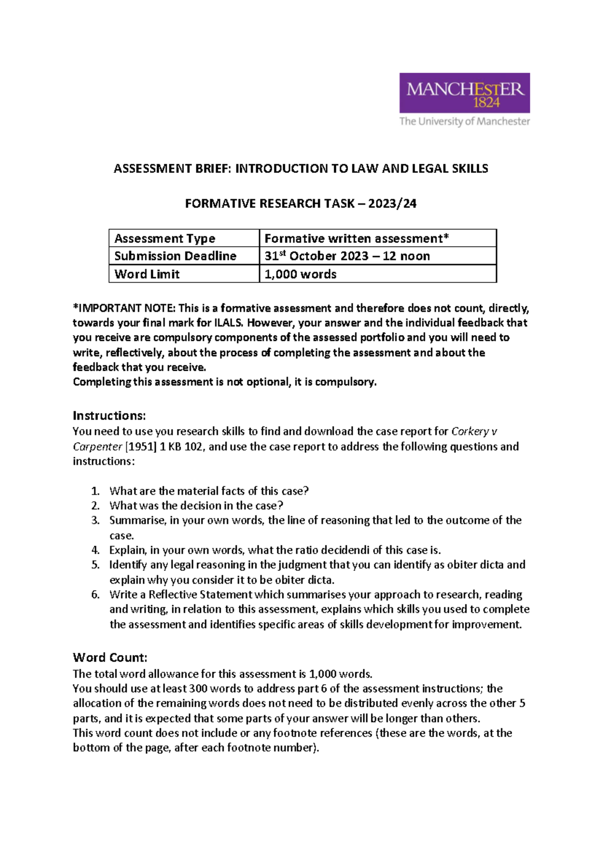 ILALS Formative Research Task: Corkery v Carpenter Case Analysis - Studocu