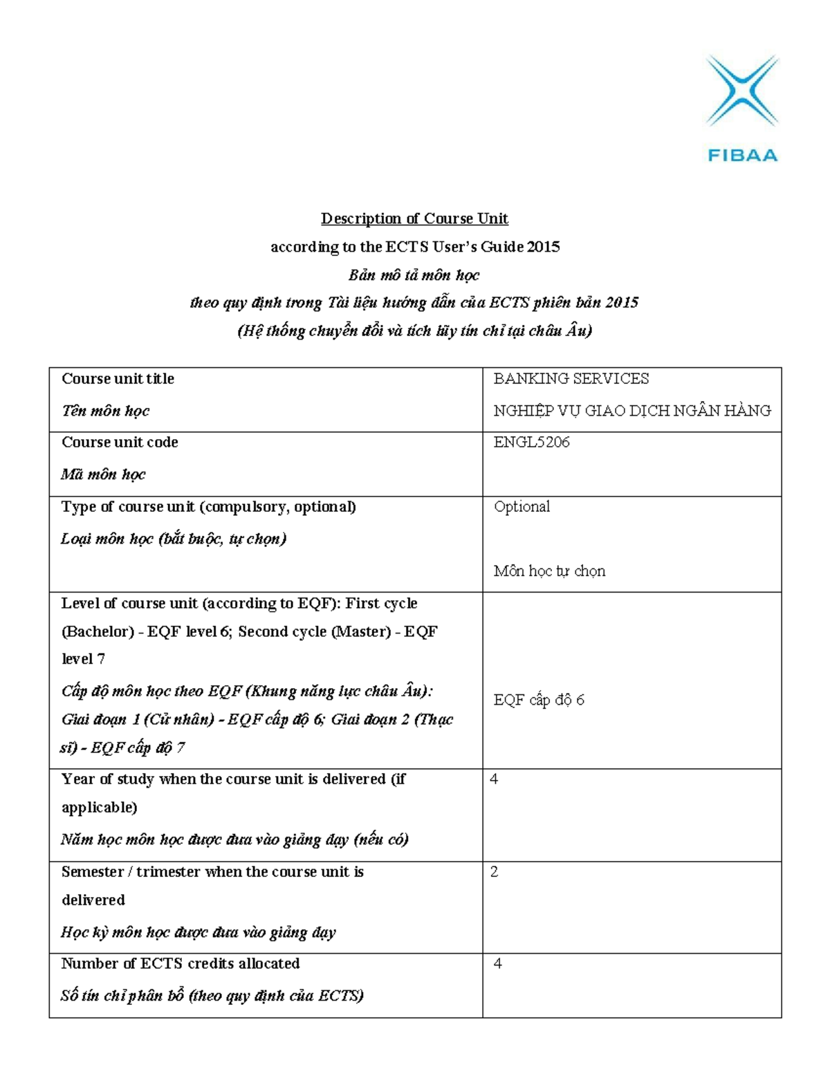Banking Services Course Unit Description - ENGL5206 - Studocu