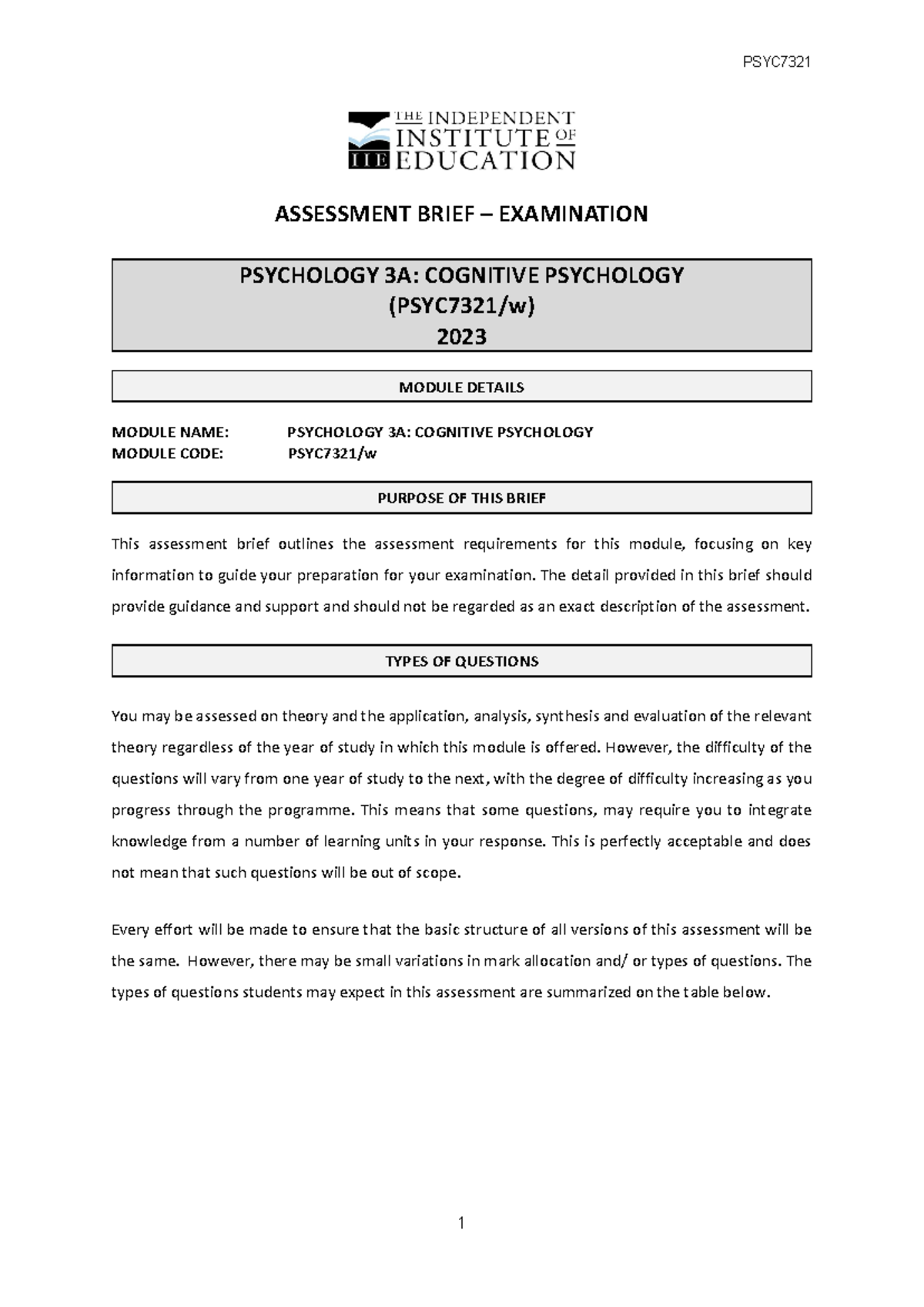 PSYC7321 Exam Brief: Cognitive Psychology Assessment Guide 2023 - Studocu