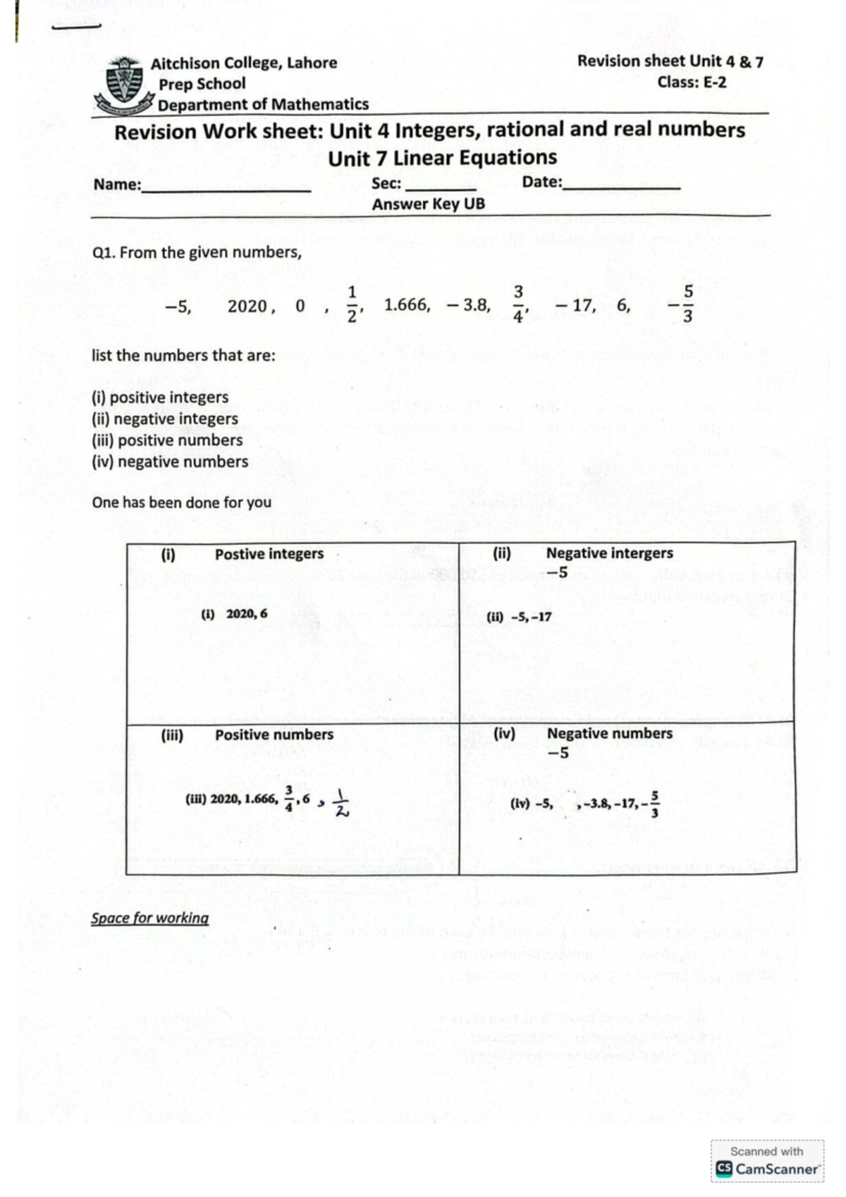 Revision Worksheet 1 Solutions: Math Unit 4 & 7 (Class 7) - Studocu