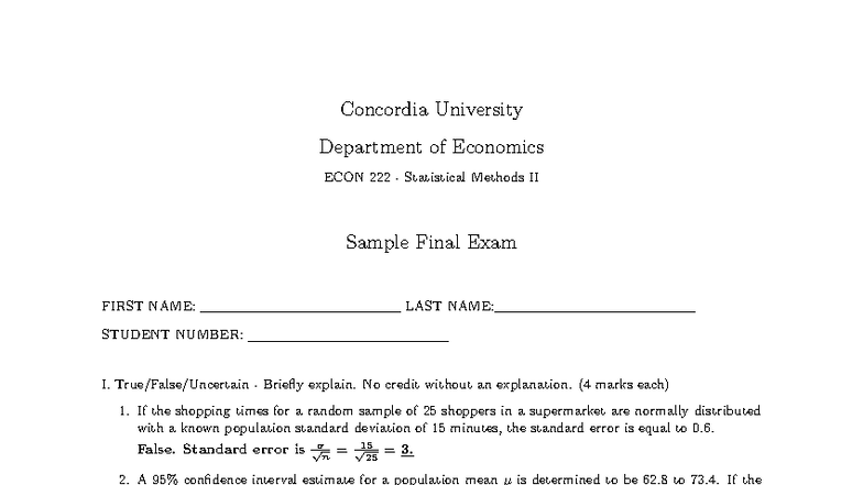 Econ 222 Statistical Methods II Sample Final Exam Answer Key - Studocu