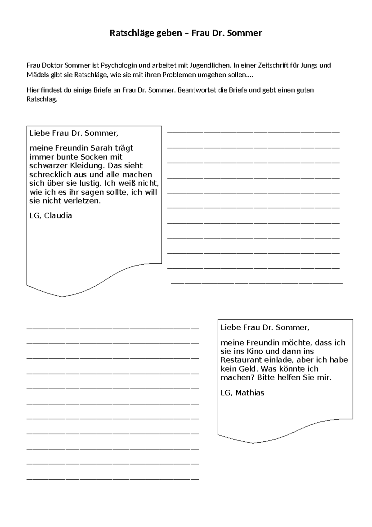 Ratschläge an Frau Dr. Sommer: Briefe und Antworten - Studocu