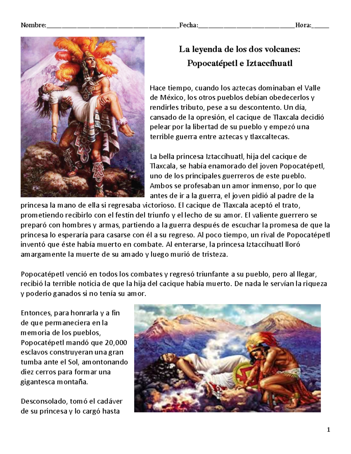 La leyenda de los dos volcanes: Popocatépetl e Iztaccíhuatl - Studocu