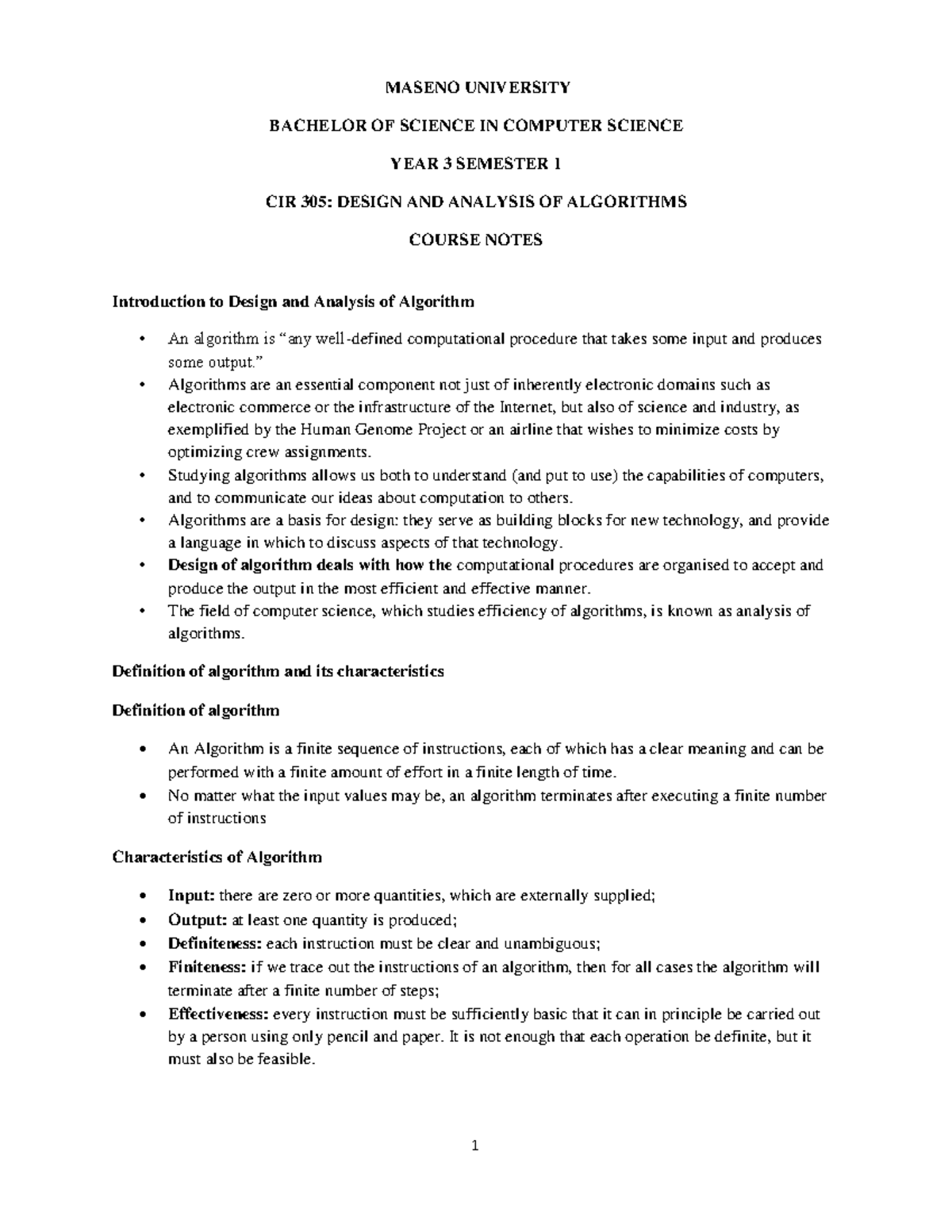 CIR 305 Design and Analysis of Algrithm - Notes - MASENO UNIVERSITY ...