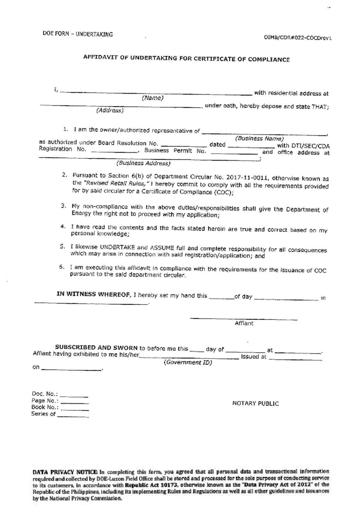 DOE COC Affidavit of Undertaking for Compliance 2024 - Studocu