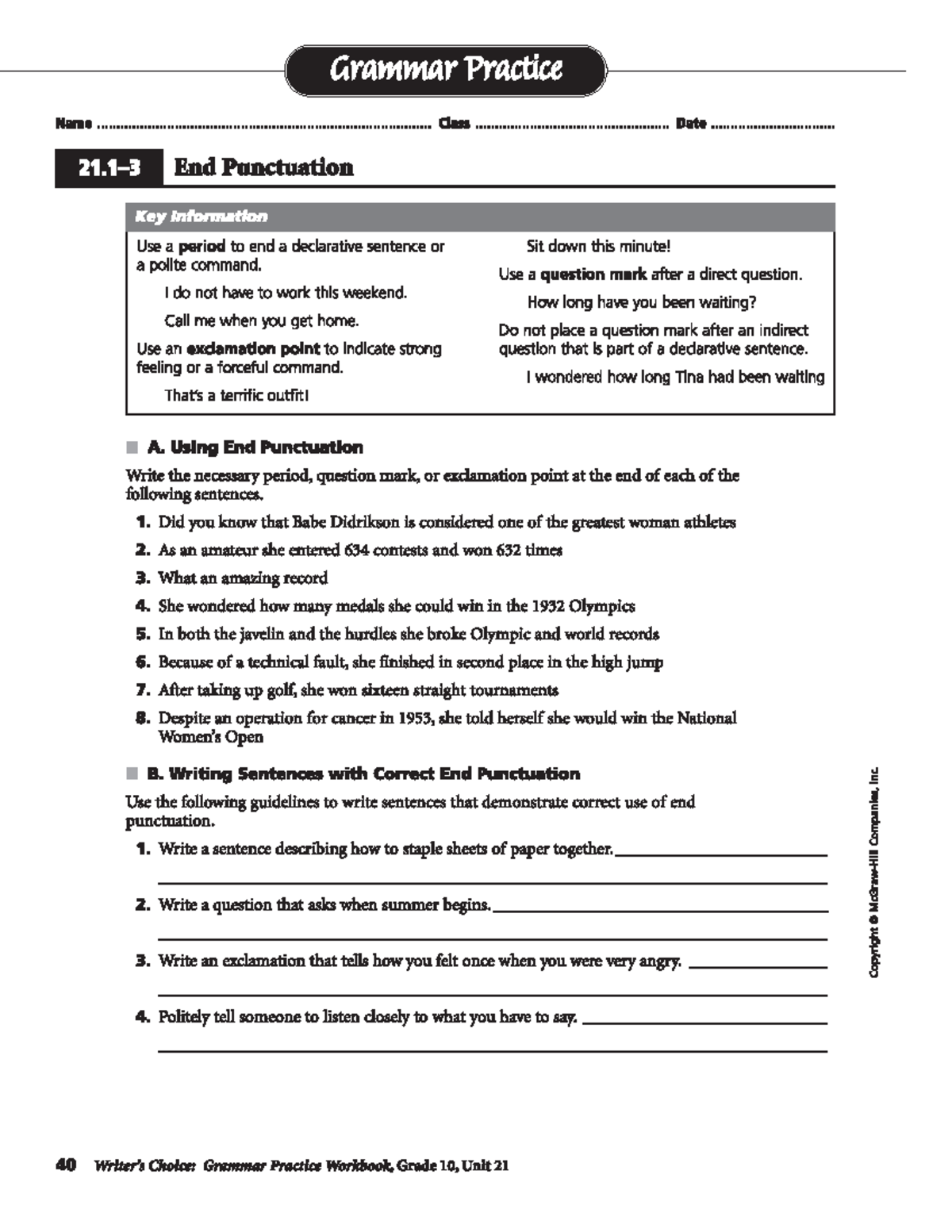 End Punctuation, Colons, Semicolons - Grammar Practice Name Class Date ...