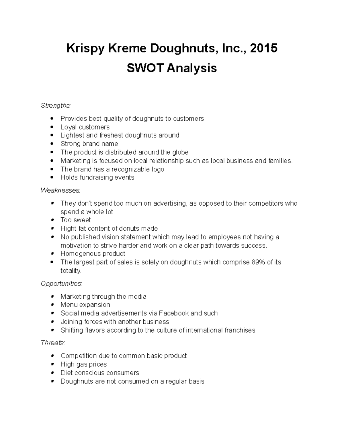 Krispy Kreme Doughnuts - SWOT Analysis - Krispy Kreme Doughnuts, Inc ...
