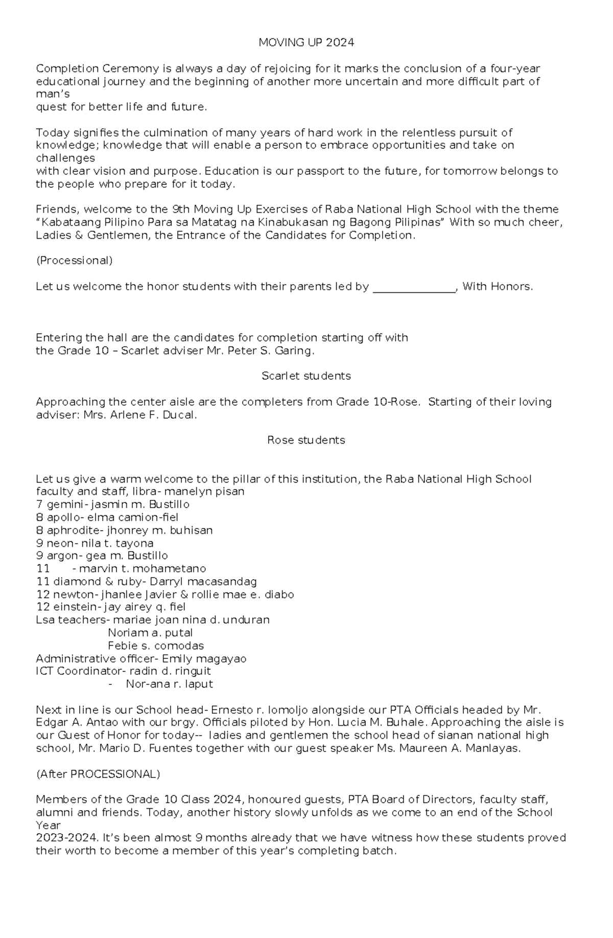 Emcee Script for Moving Up Ceremony 2024 at Raba NHS - Studocu