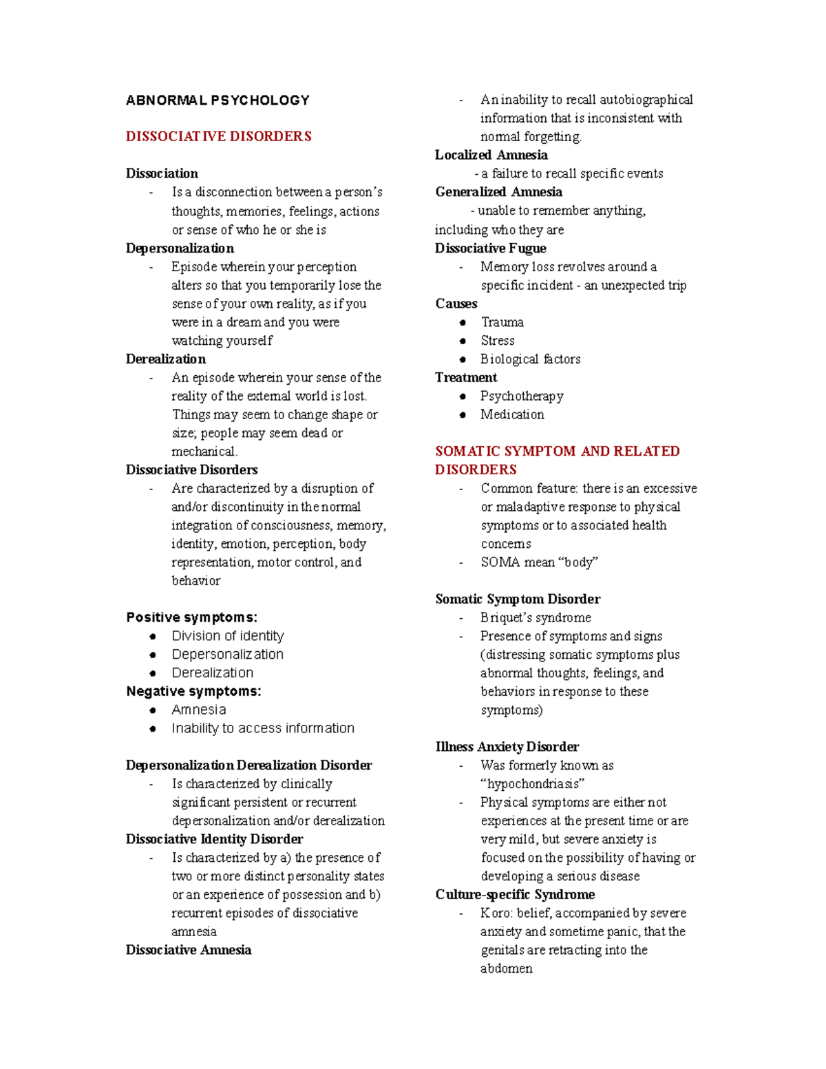 ABNORMAL PSYCHOLOGY: DISSOCIATIVE DISORDERS & RELATED CONDITIONS - Studocu