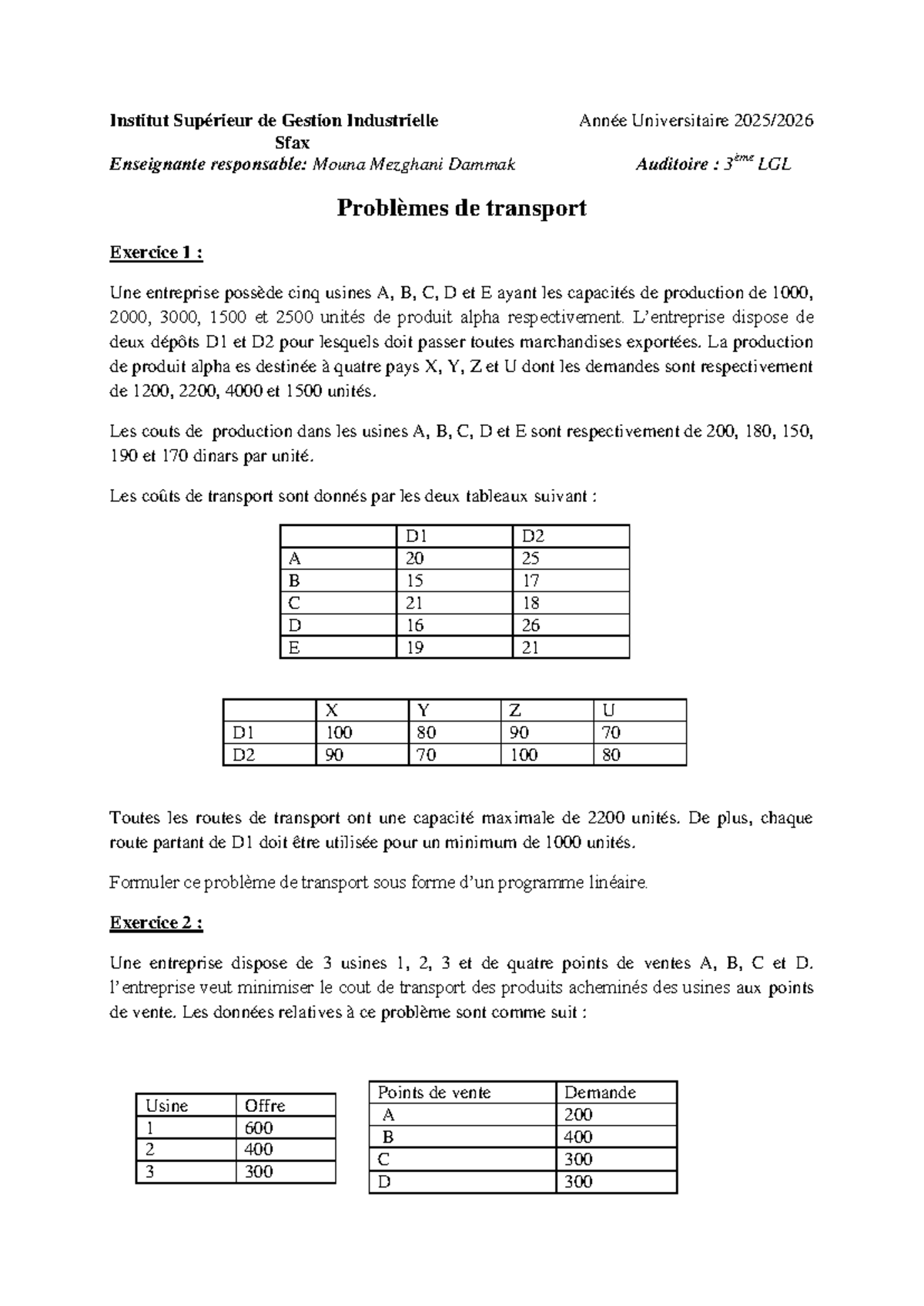 Série PT - Problèmes de Transport et Programmation Linéaire - Studocu